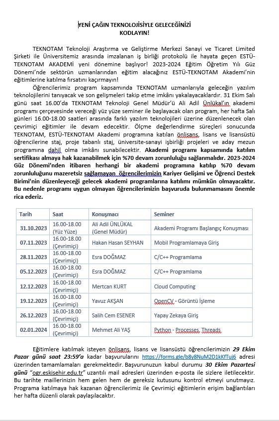 2023-2024 Akademik Yılı Güz Dönemi ESTÜ-TEKNOTAM Akademi Başlıyor!
